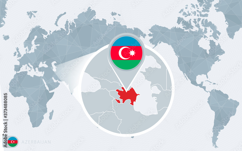 Pacific Centered World map with magnified Azerbaijan. Flag and map of ...