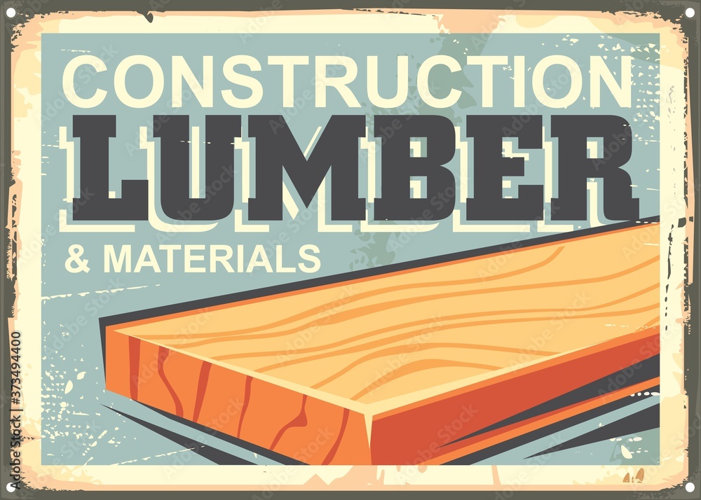 Construction lumber sign design in retro style. Poster with blue ...