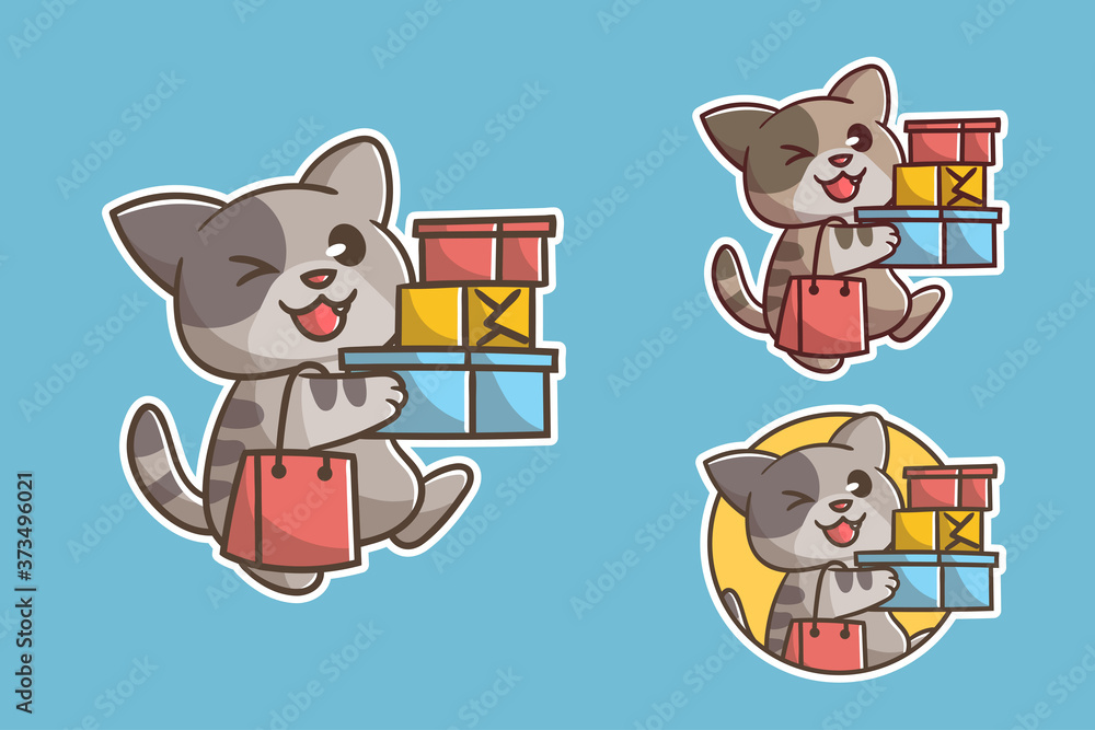 set of cute shopping cat mascot logo with optional appearance. premium ...