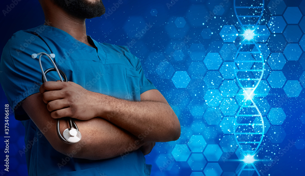 Genetic engineering concept. Collage with black male doctor and DNA ...