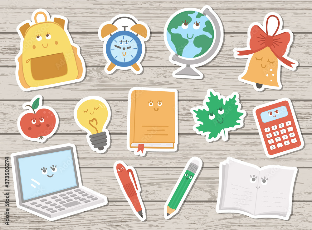 Back to school kawaii vector sticker pack on wooden background ...