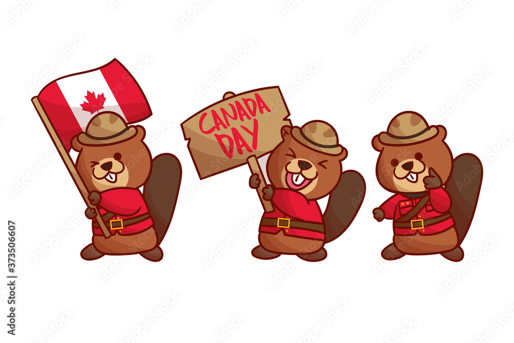 set of cute beaver canada day mascot logo with optional appearance ...