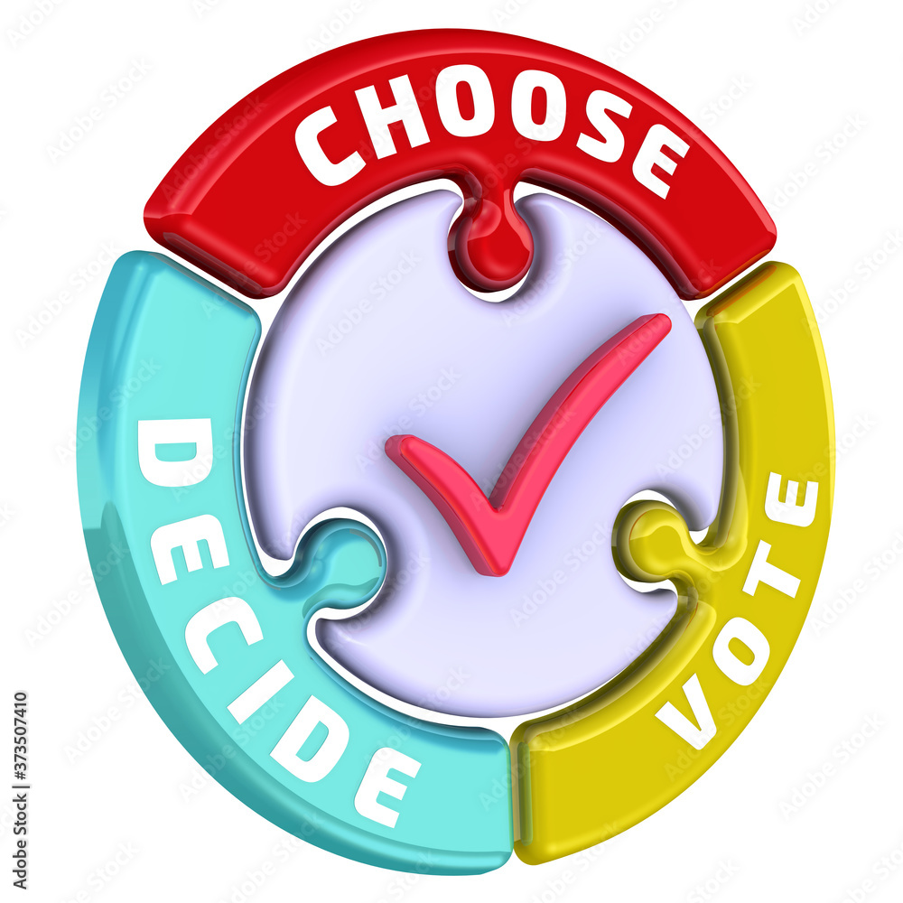 Choose, decide, vote. The check mark in the form of a puzzle. The words ...