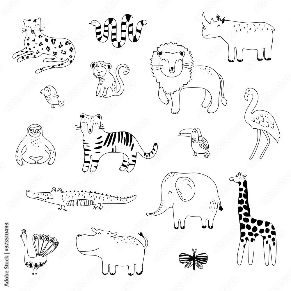 Big outline handdrawn collection of tropical animals. Simple cute ...
