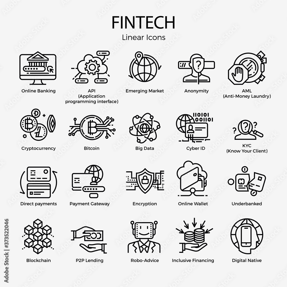 Cool vector set of monoweight linear icons and symbols on Fintech ...