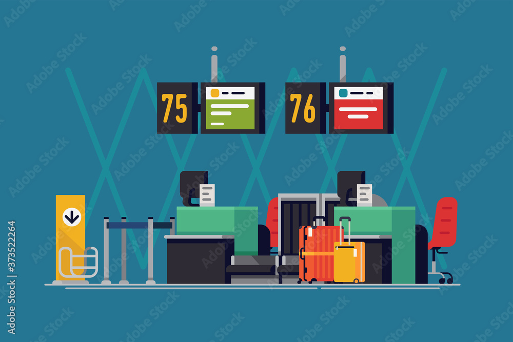 Cool vector background on airport check-in desk in trendy flat design ...