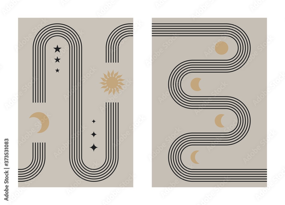 Abstract boho poster set. Contemporary line design with sun and moon ...
