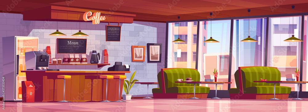 Cafe interior with coffee machine at cashier desk, refrigerator ...