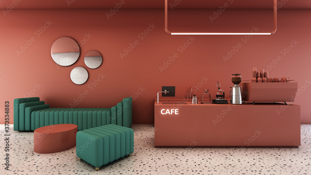 Cafe shop design Minimal,Counter red brick gloss paint,Red brick wall ...