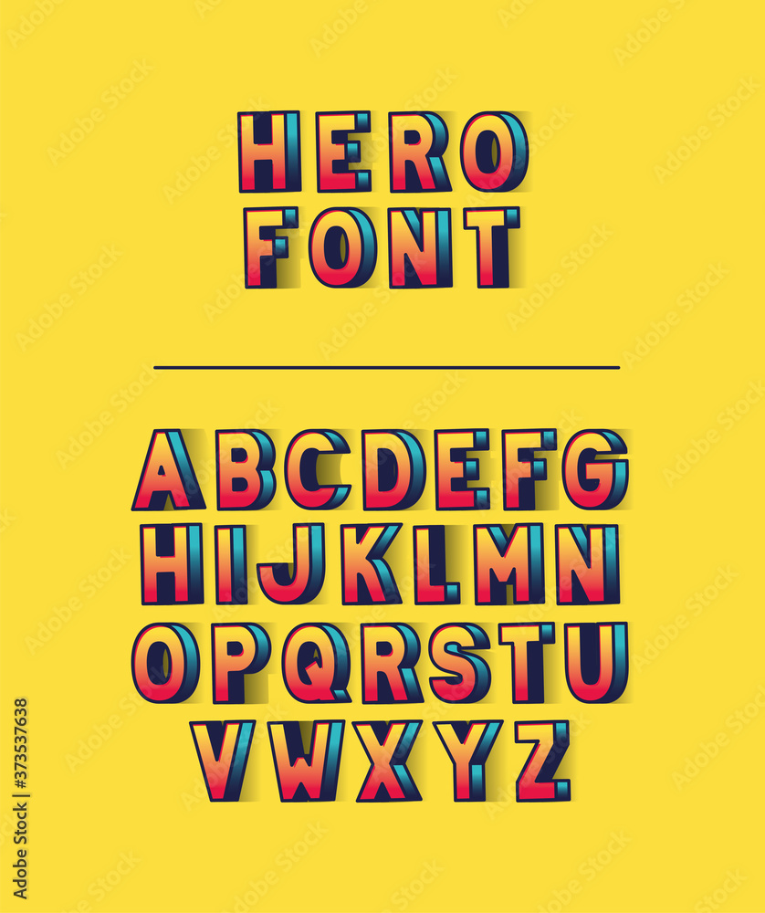 hero font lettering with alphabet on yellow background design ...