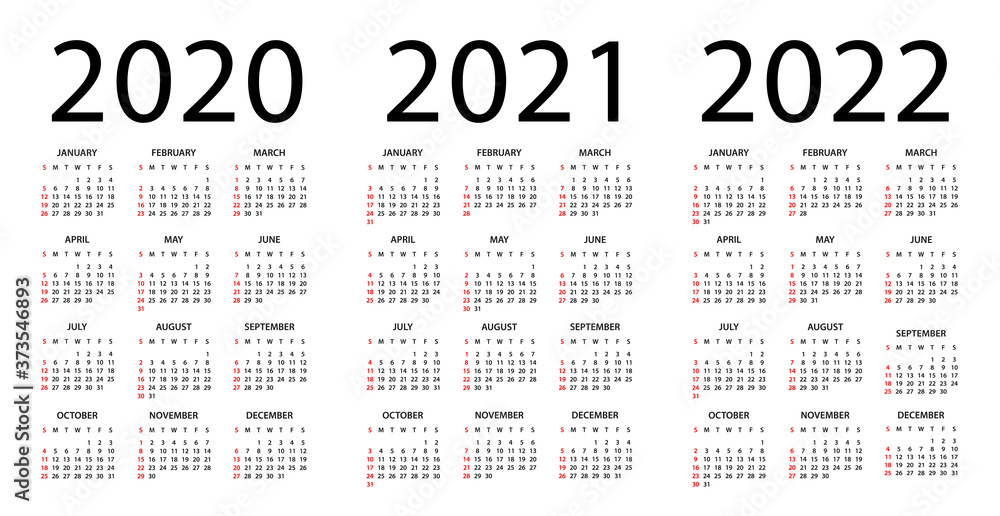 Calendar 2020 2021 2022 - illustration. Week starts on Sunday. Calendar ...