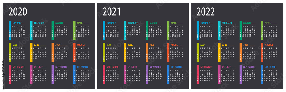 2020 2021 2022 Calendar - illustration. Template. Mock up Stock Vector ...