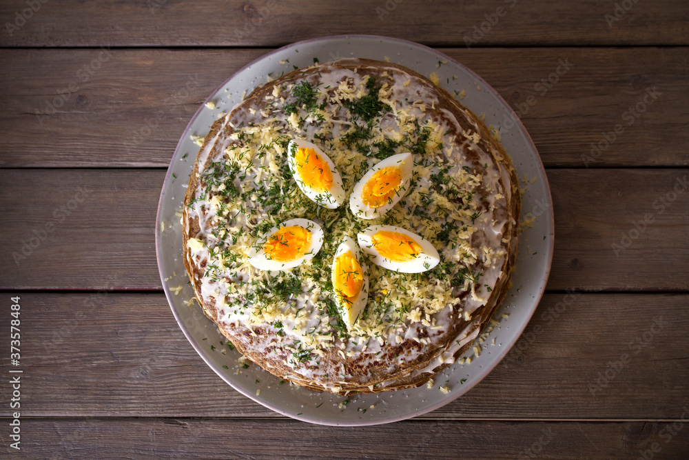 Layered liver cake with cheese, mayonnaise and dill. Savory cake ...