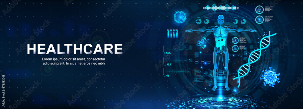 Medical futuristic research banner with Sci HUD. 3D body mri with ...