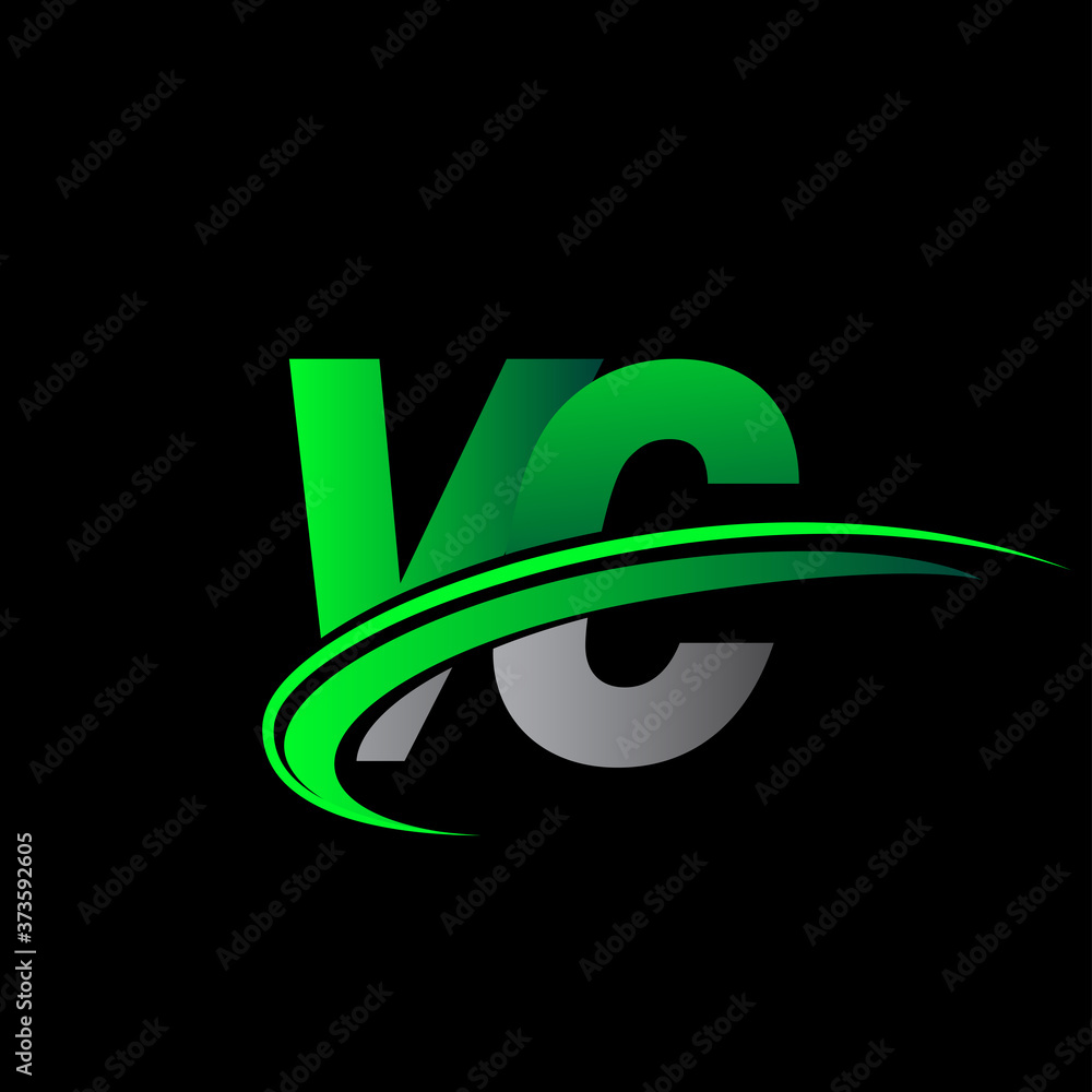 initial letter VC logotype company name colored green and black swoosh ...