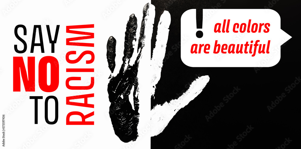 Print of human palm on white and black background with text SAY NO TO ...