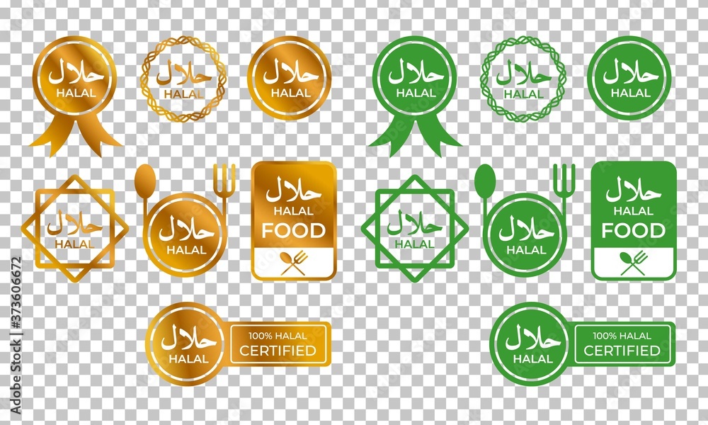 Set of Halal Logo Green and Gold Color vector design. Halal food ...