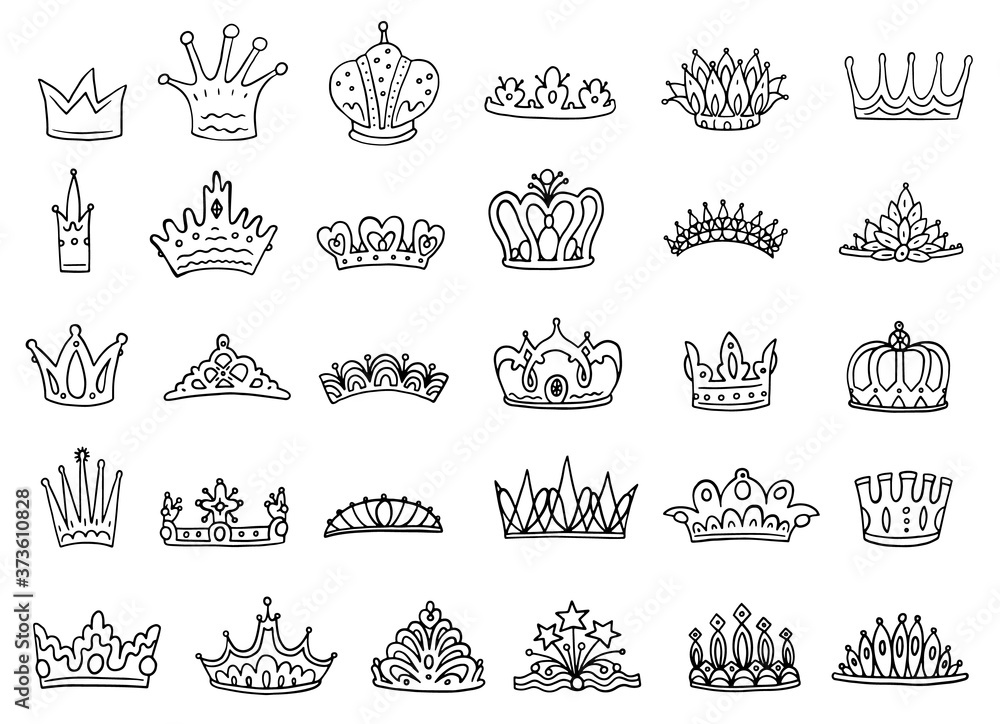 Set of royal jewelry crowns - black outline vector sketch illustration ...