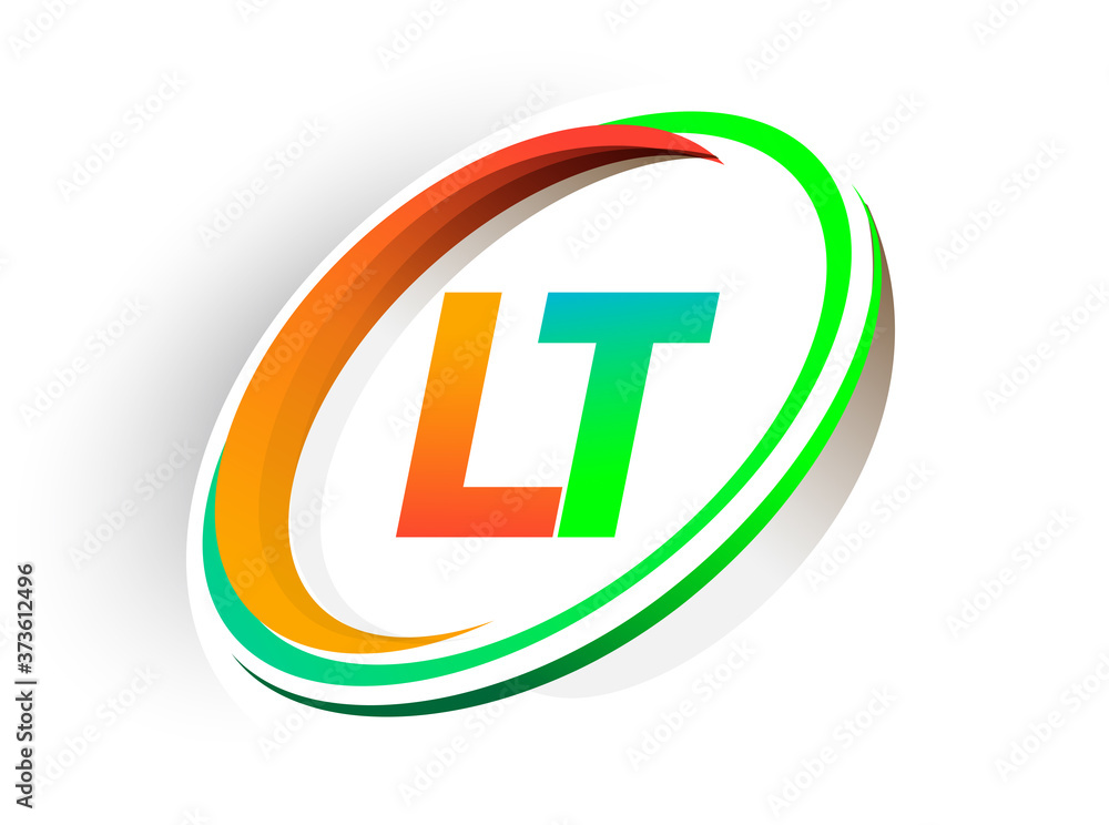 initial letter LT logotype company name colored orange and green circle ...