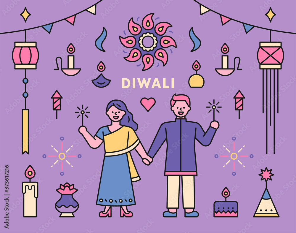 Diwali festival in India. Couples in traditional costumes and festival ...