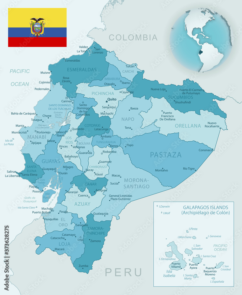Blue-green detailed map of Ecuador administrative divisions with ...