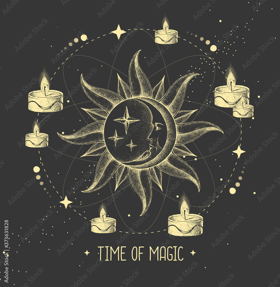 Modern magic witchcraft card with astrology sun and moon sign with ...