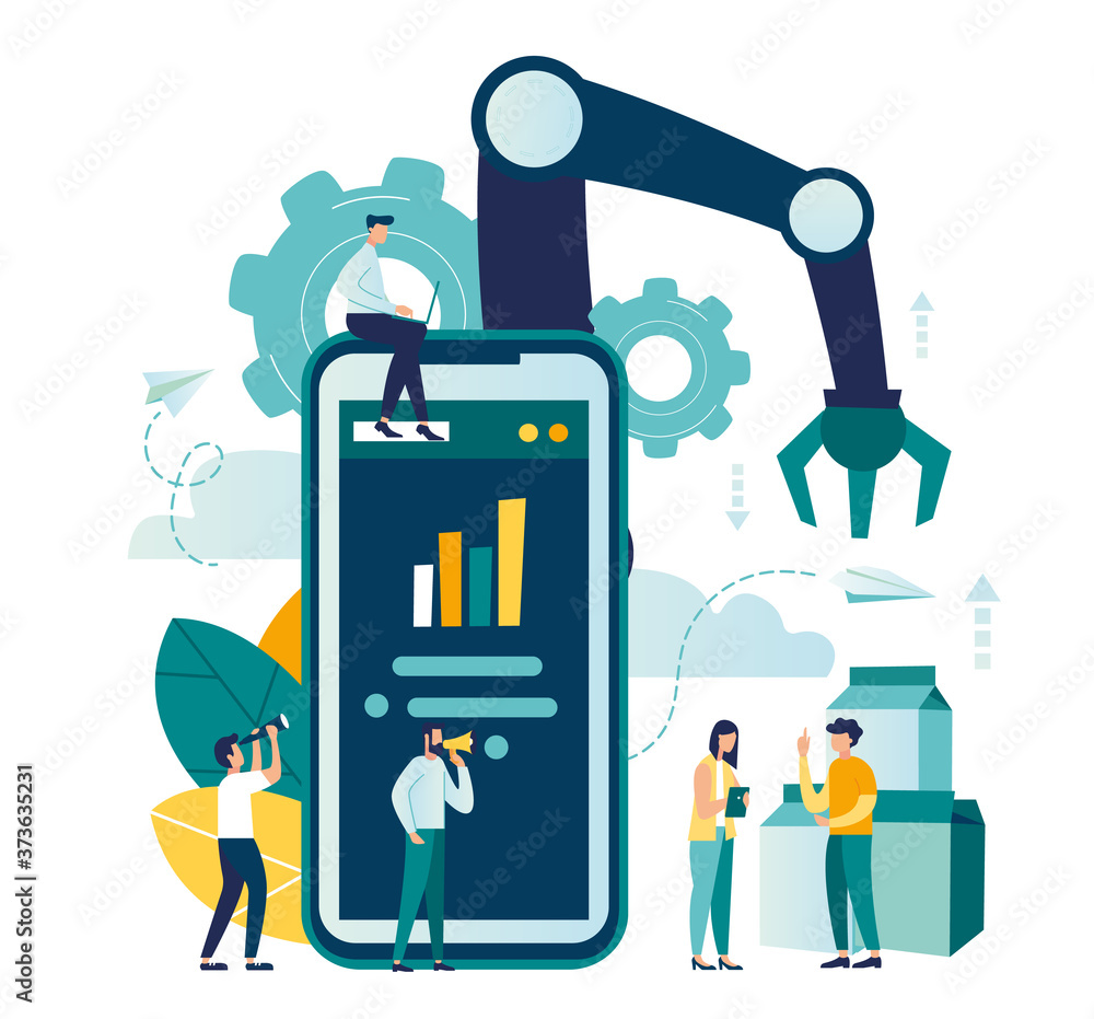 Vecteur Stock Vector illustration, a production line with workers, automation and user interface ...