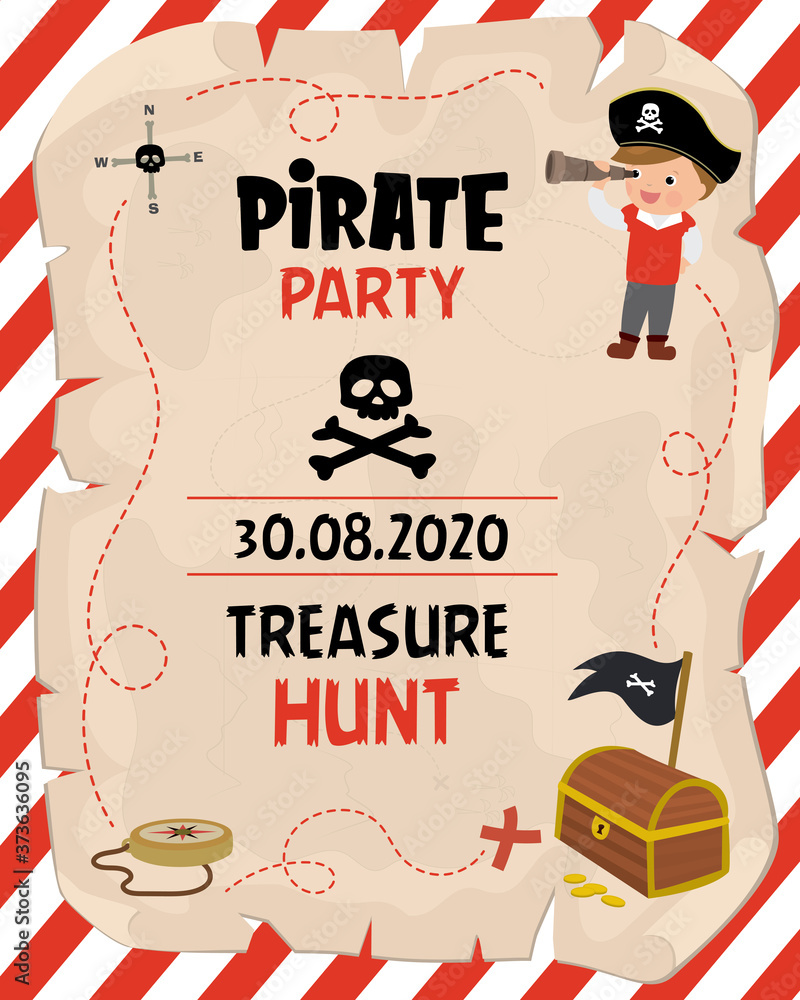 Pirate party banner. Treasure hunt invitation or greeting card template ...