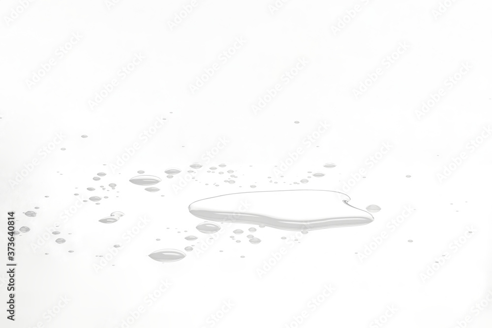 Water puddles and droplets on white reflective surface. Frontal view ...