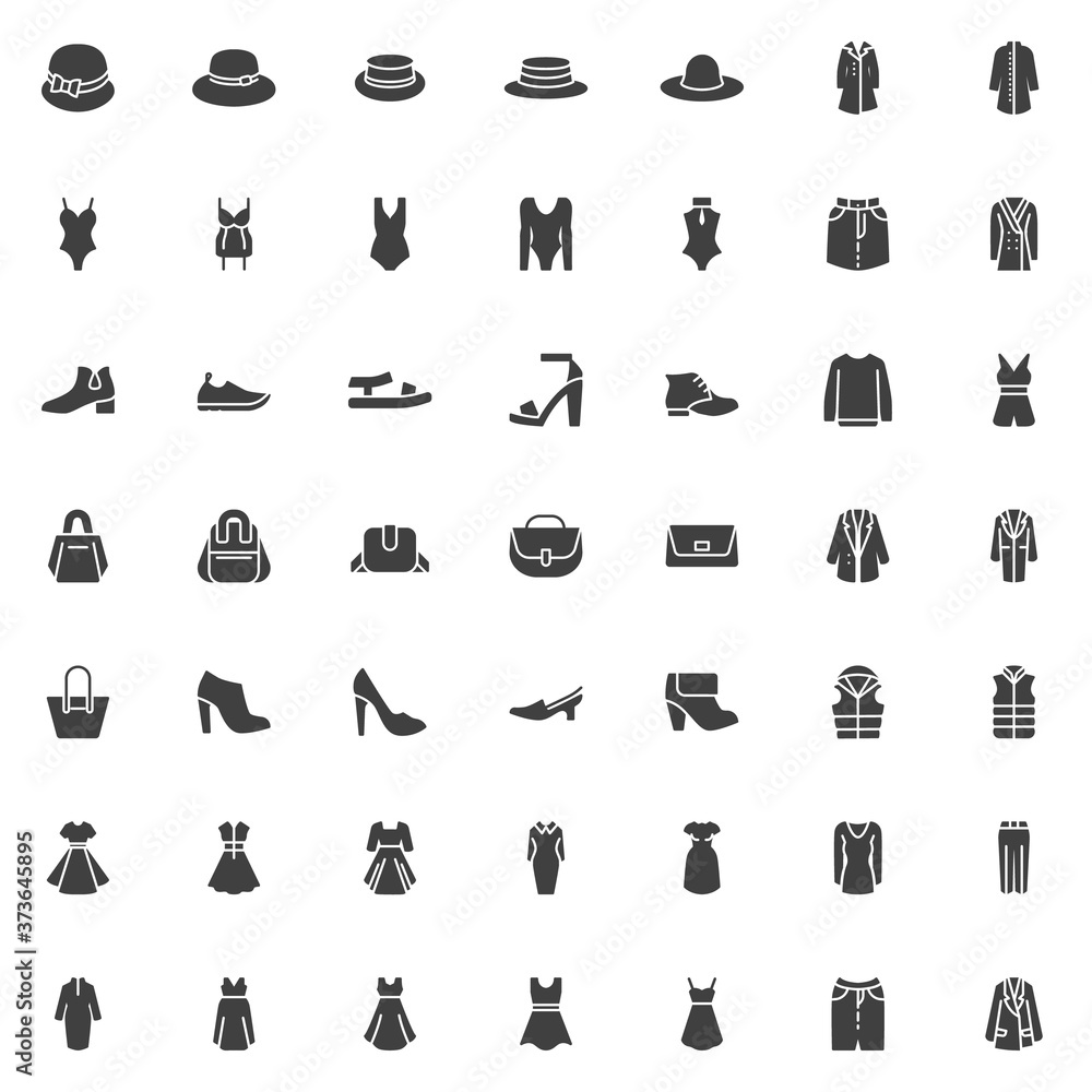 Women clothes and accessories vector icons set, modern solid symbol ...