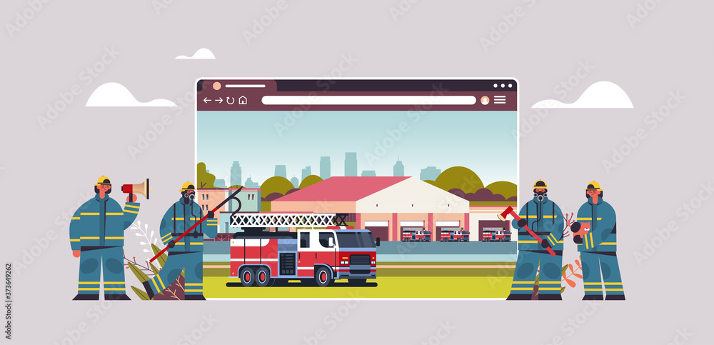 firefighters in uniform near fire station firefighting concept digital ...
