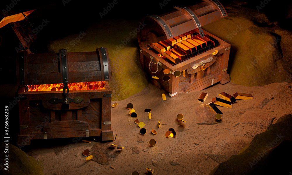 Ancient and vintage treasure chest made of wooden panels Reinforced ...