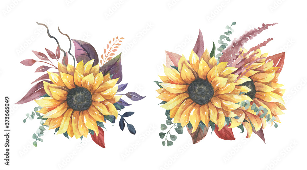 Watercolor hand painted floral sunflower bouquets.Watercolor floral ...