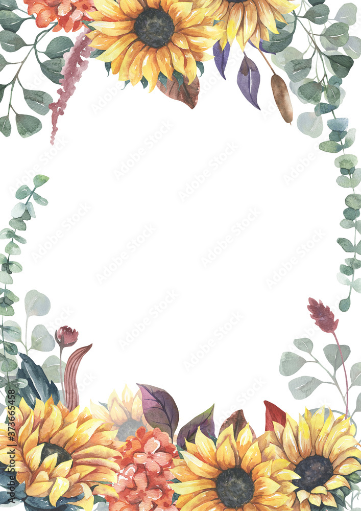 Watercolor hand painted floral sunflower fame.Watercolor floral ...