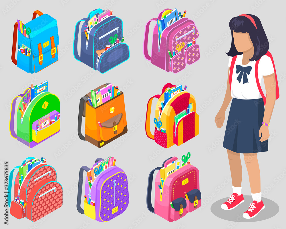 Pupil character standing with backpack, school bag with chancellery set ...