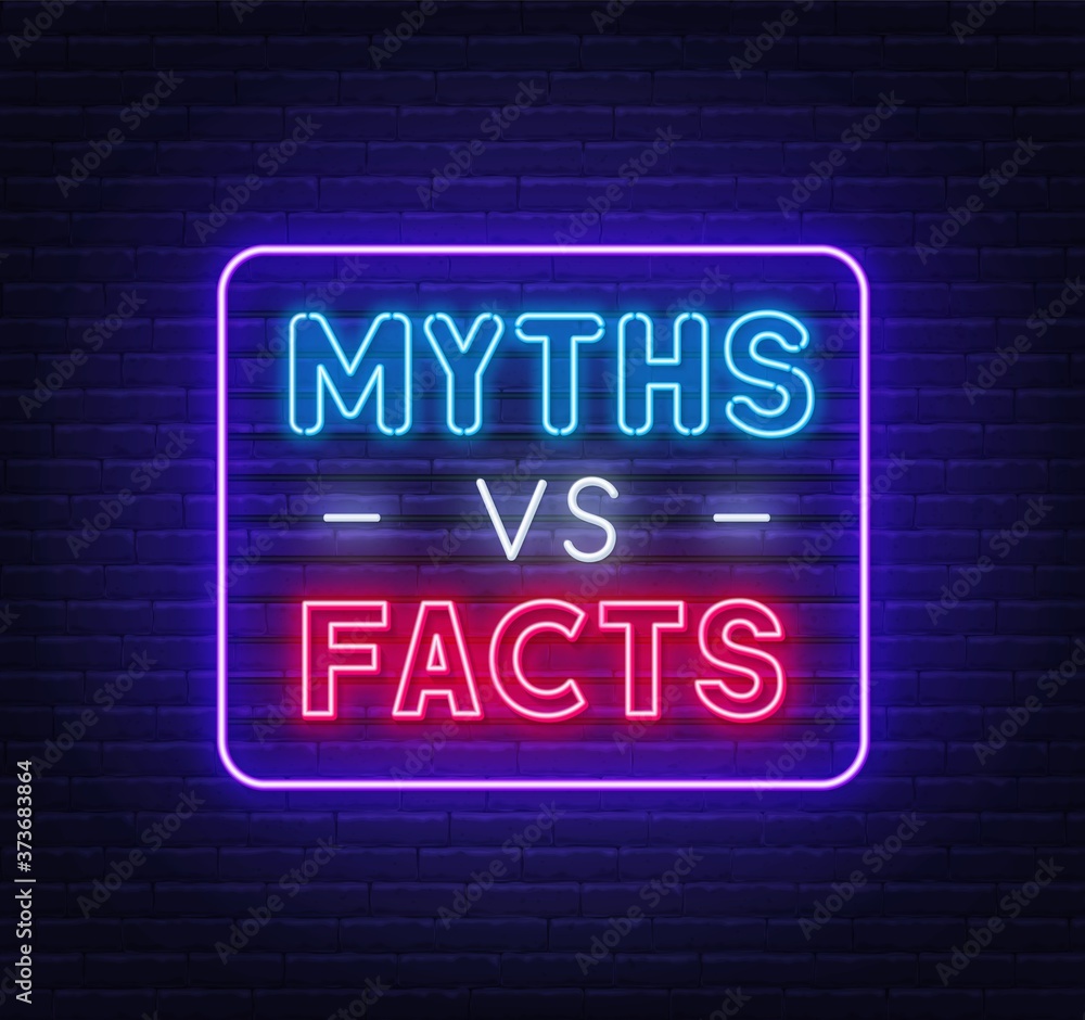 Poster Myths vs facts neon sign on brick wall background – Muurposter ...