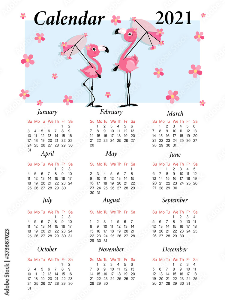 Flamingo. Calendar. Vector baby calendar 2021. Cartoon character. Cute ...