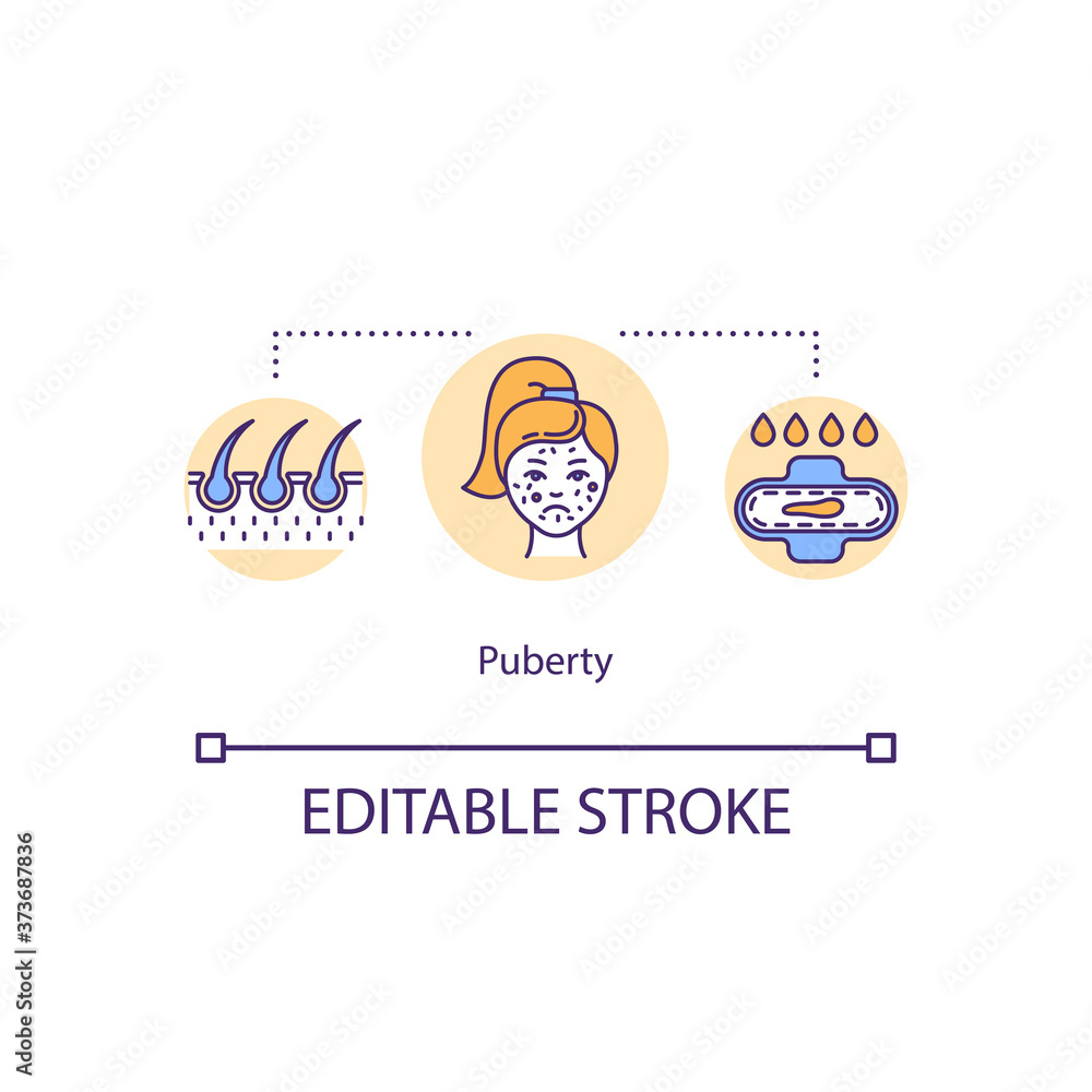Puberty concept icon. Girl maturation. Teenager development. Menstrual ...