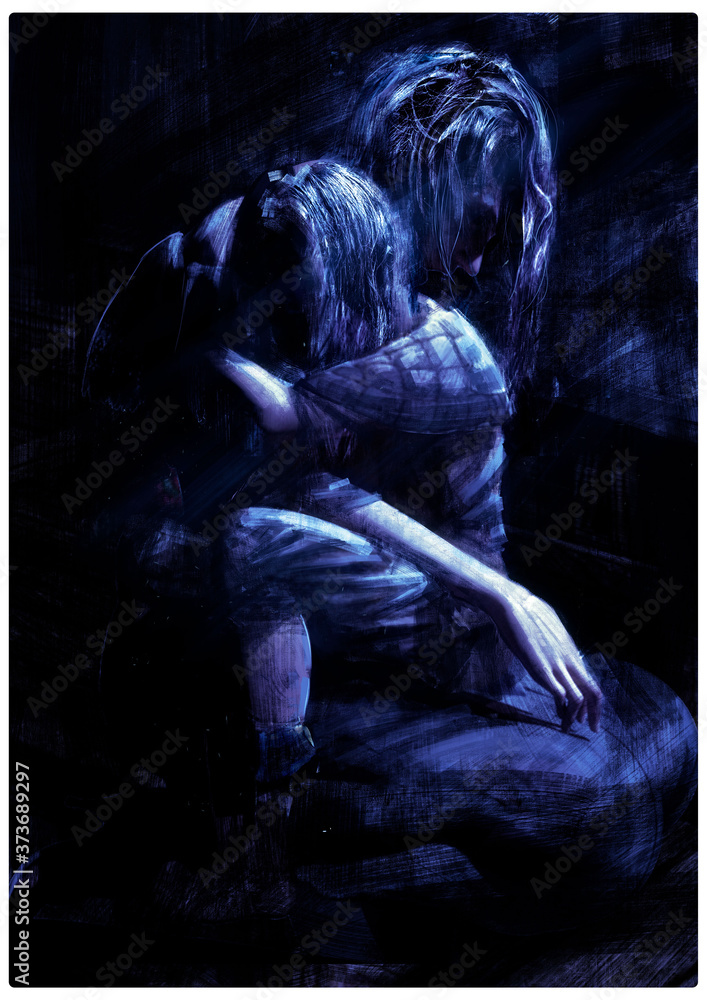 A little girl hugs the mortified body of her mother, in a dark room ...