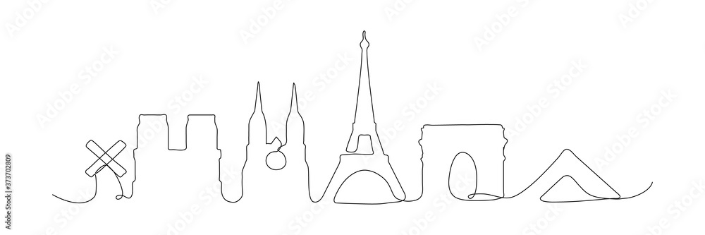 Paris city skyline one line vector illustration. France buildings ...