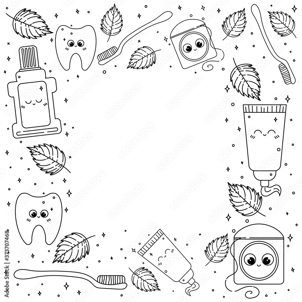 Dental frame of kawaii hand drawn dentist set objects. Cute doodle ...