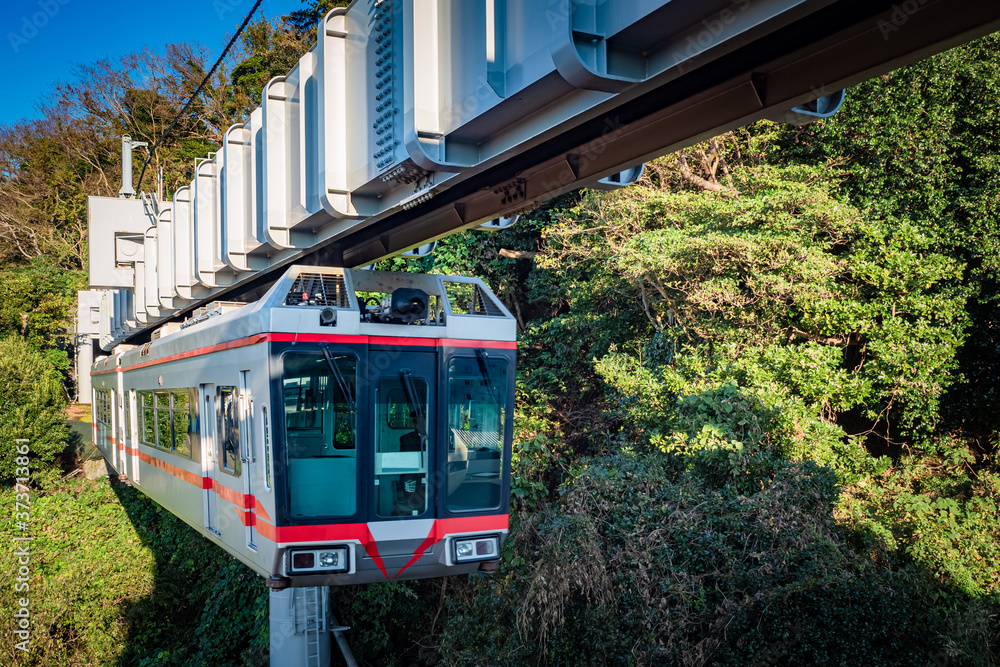 Japan. Movement of the train on the suspended railway. The train goes ...