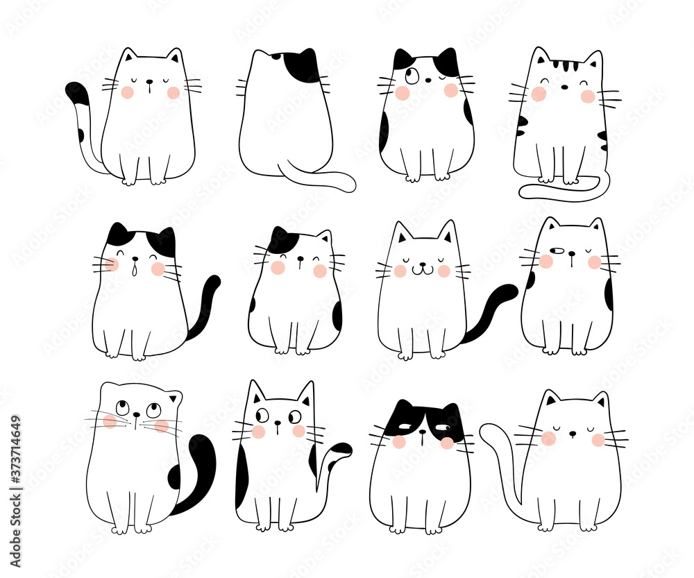 Draw collection funny cat Doodle cartoon style. Stock Vector | Adobe Stock