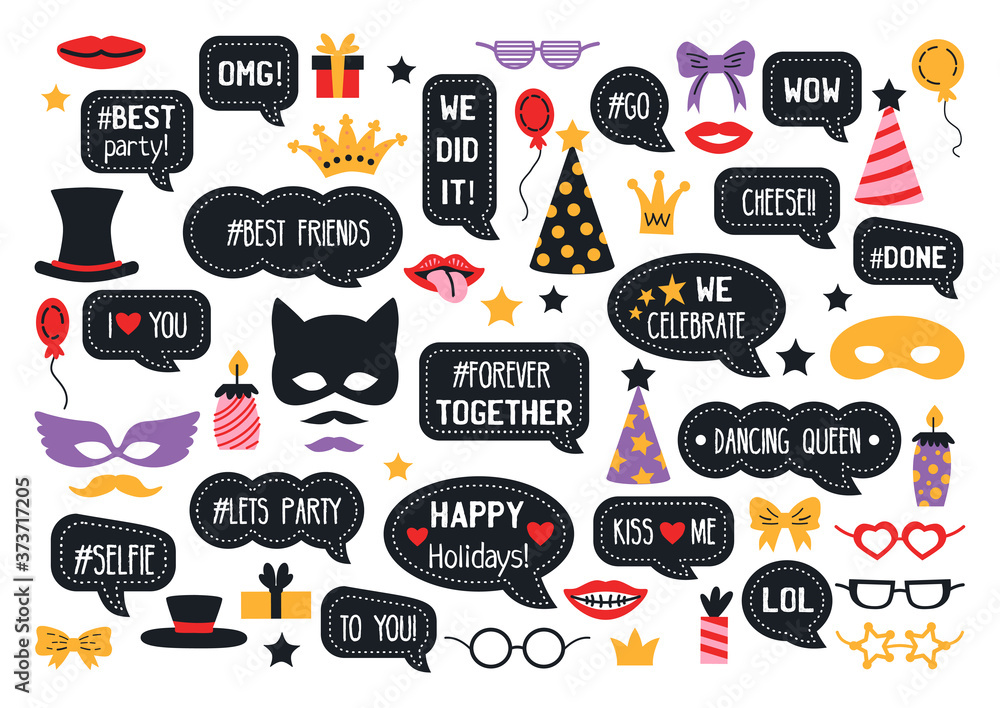 Party photo booth props. New year eve party. Photobooth vector set for ...