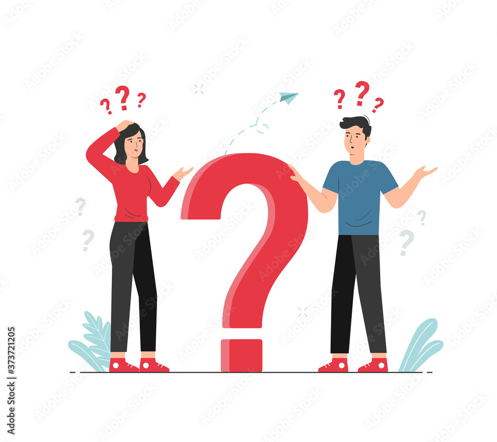 Man and woman thinking with big question mark. Doubts, problem, curious ...