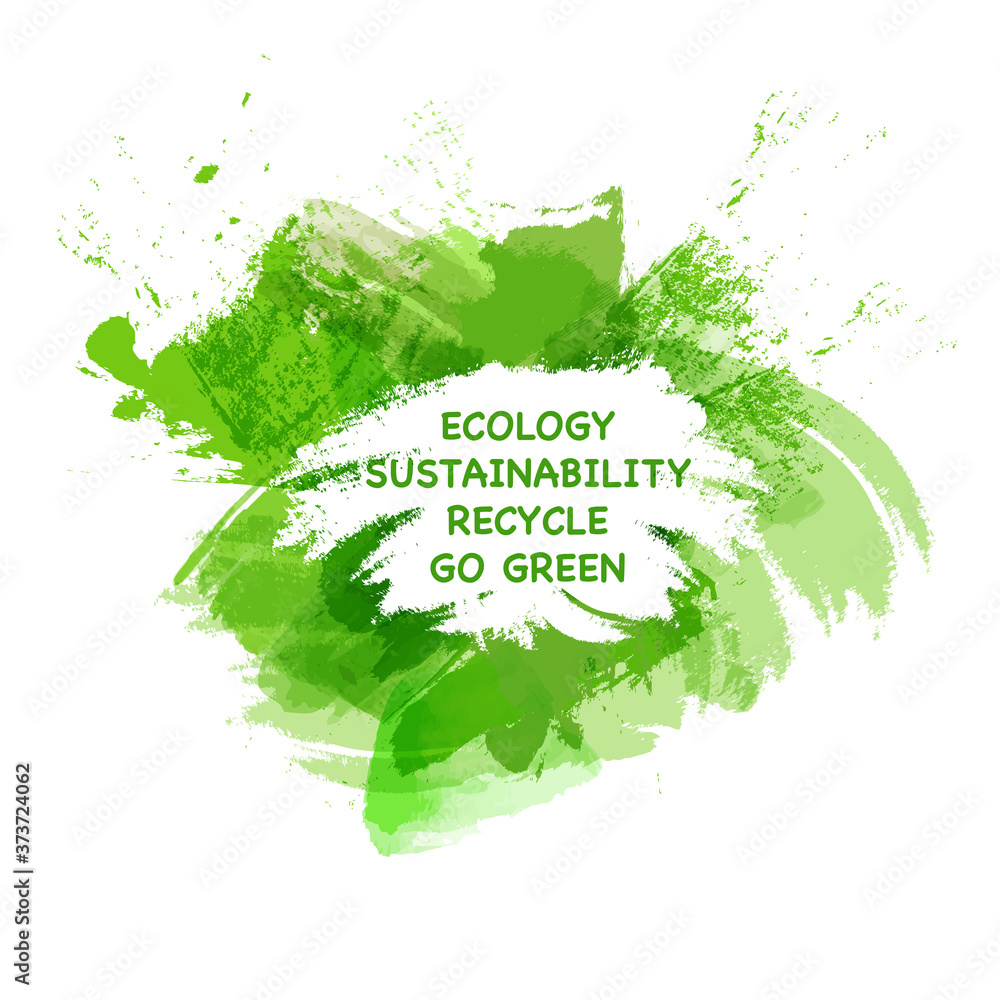 Green watercolor paint brush background with text for ecology friendly ...