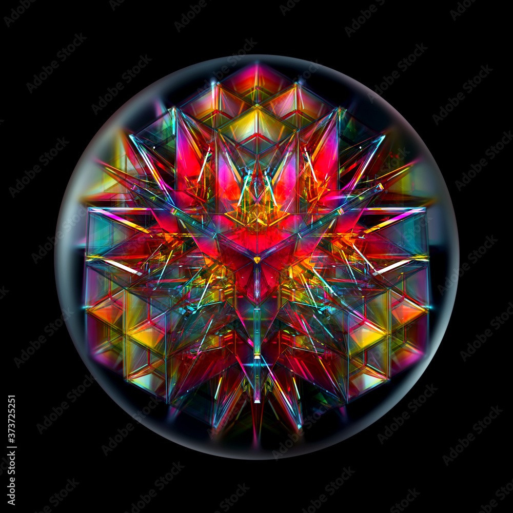 3d render of abstract art 3d surreal ball in glass with cubical fractal ...