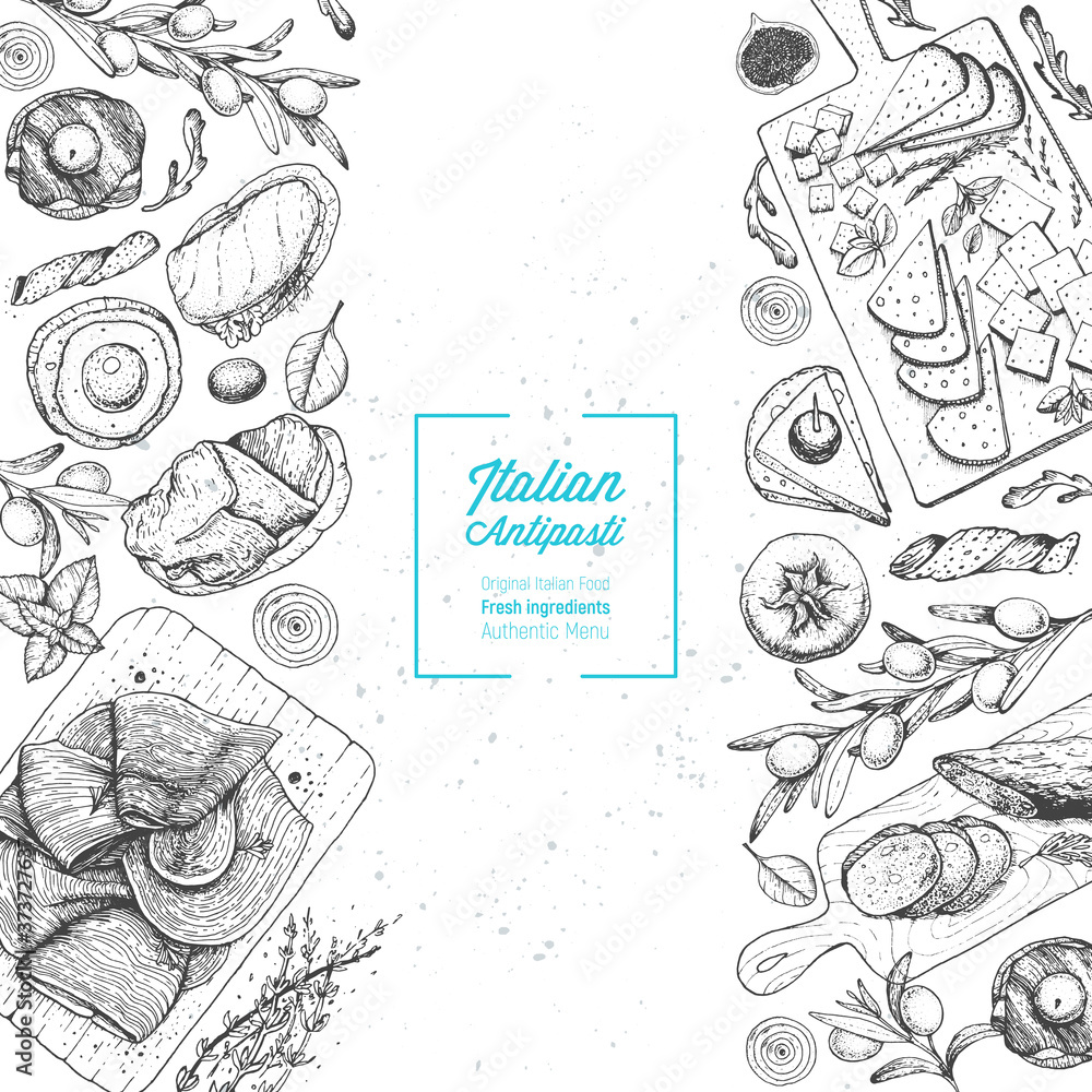 Italian food top view poster. A set of Italian Antipasti. Food menu ...