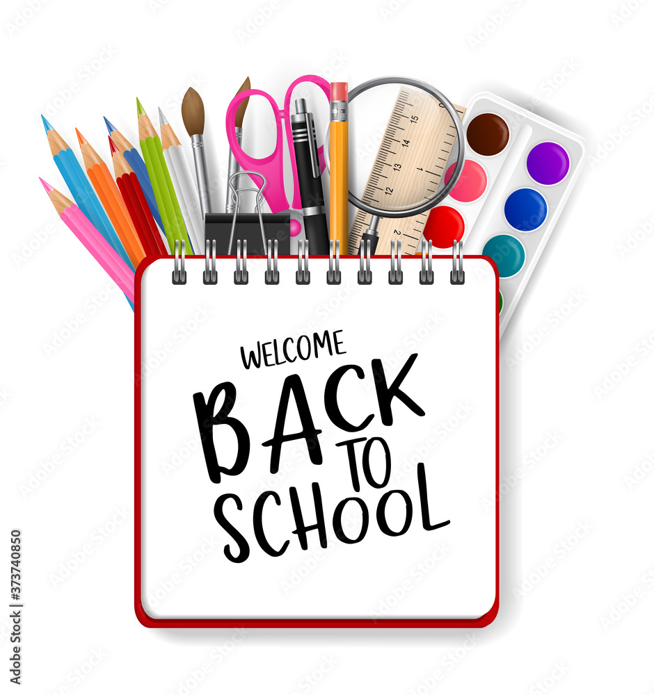 Welcome back to school background with a ring notebook and typography ...