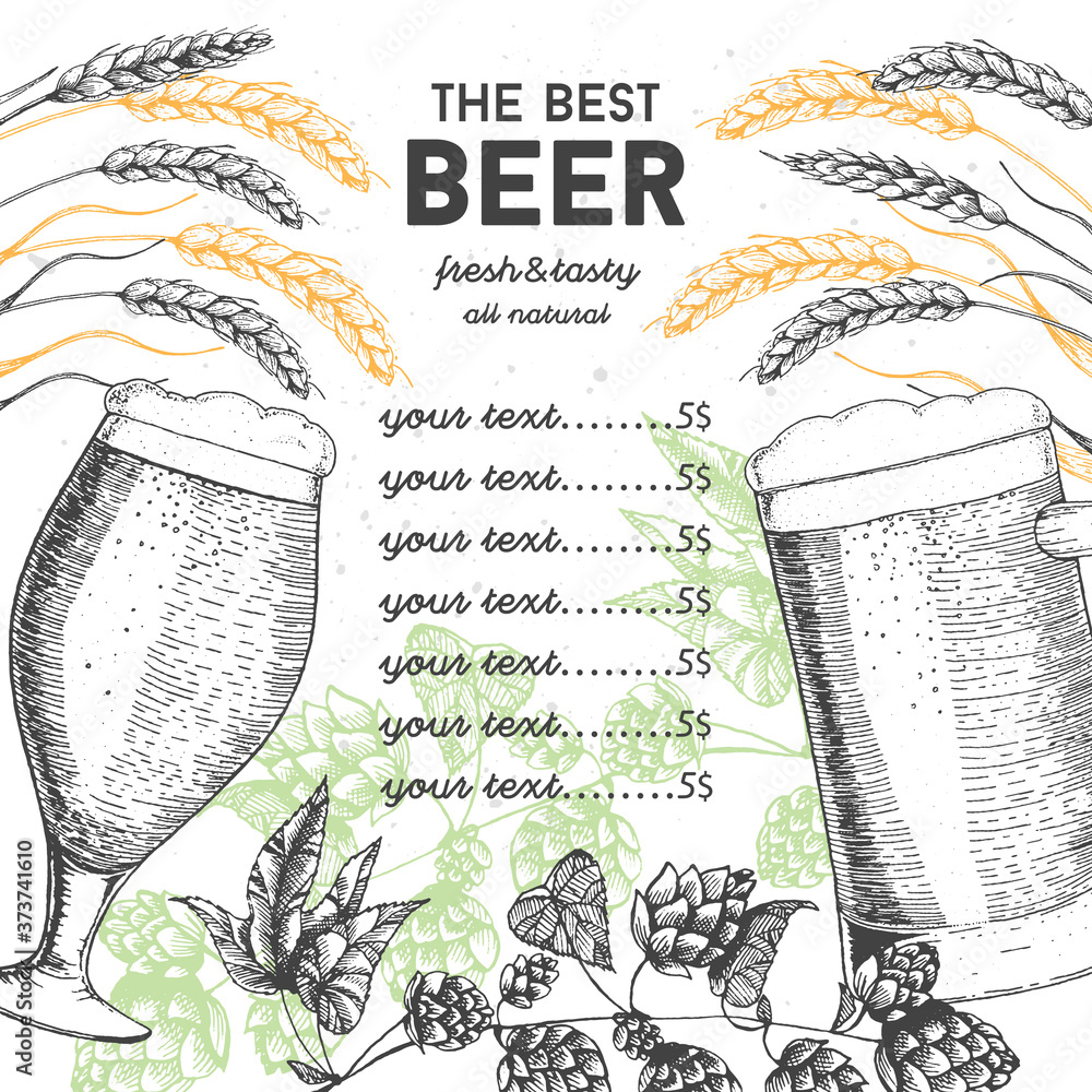 Beer menu design template. Engraved illustration with barley, hops and ...